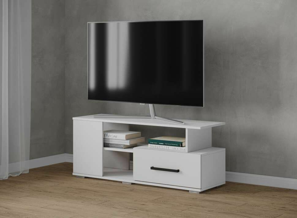 Тумба ТВ Парус-4 Белый с тиснением "Древесные поры" ЛДСП с полками, ящиком для гостиной, спальни, 490х1200х375, тэкс