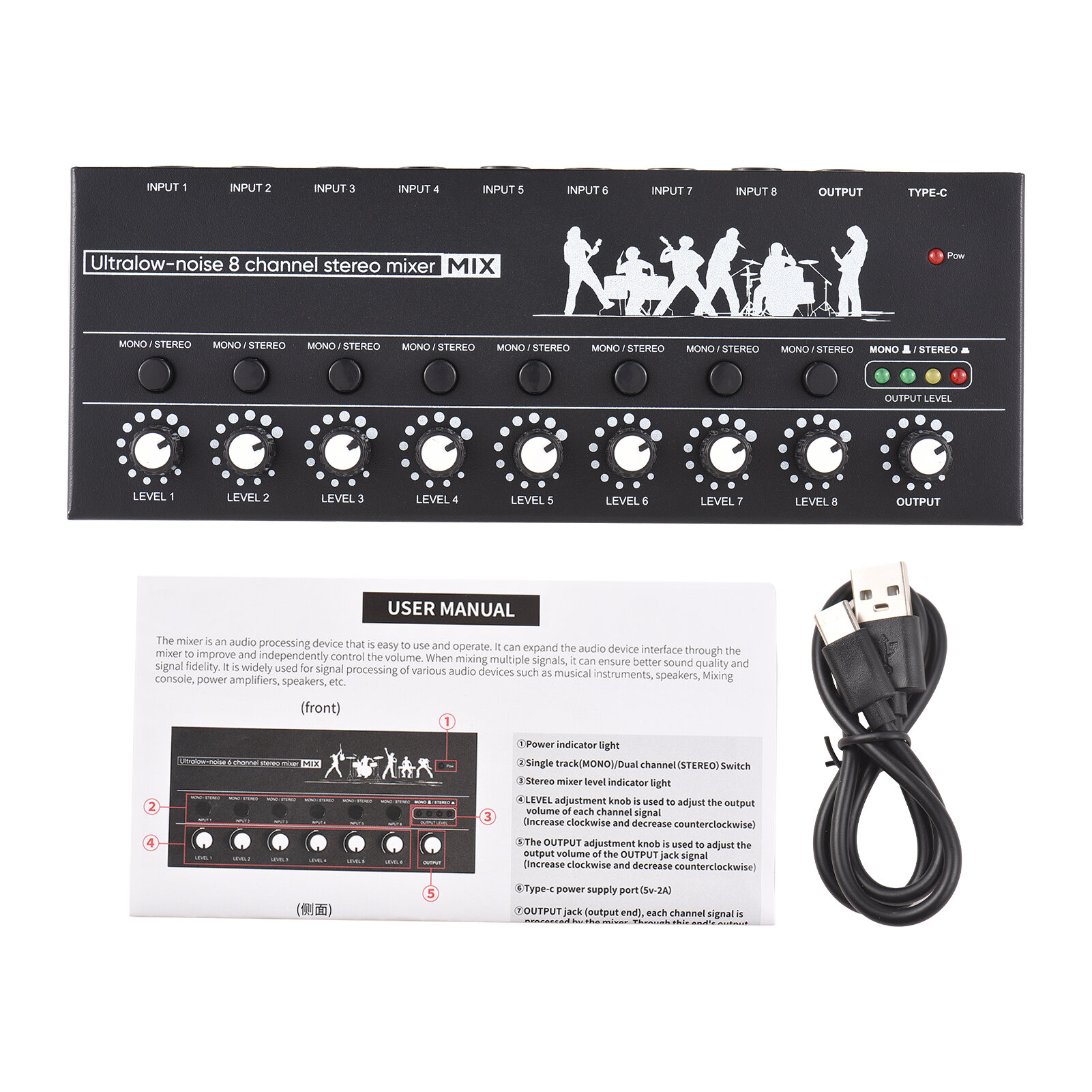 8-канальный аудиомикшер с переключением моно-стерео, индикаторами уровня, входом TRS TS 6,35 мм, металлическим корпусом, аудиопроцессором Type-C