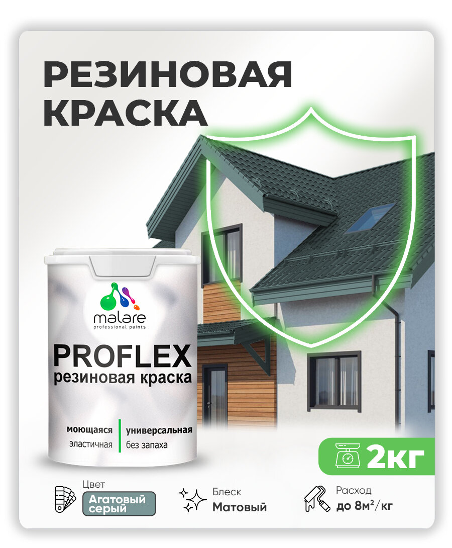 Краска резиновая Malare ProfleX жидкая резина для наружных и внутренних работ, быстросохнущая моющаяся, матовая, агатовый серый, 2 кг