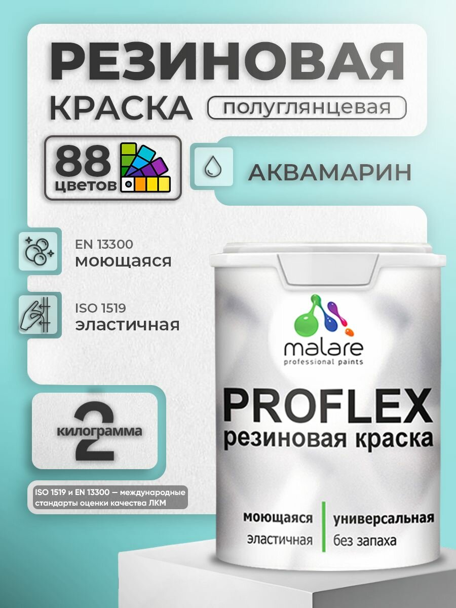 Краска резиновая Malare ProfleX жидкая резина для наружных и внутренних работ, быстросохнущая моющаяся, полуглянцевая, аквамарин, 2 кг