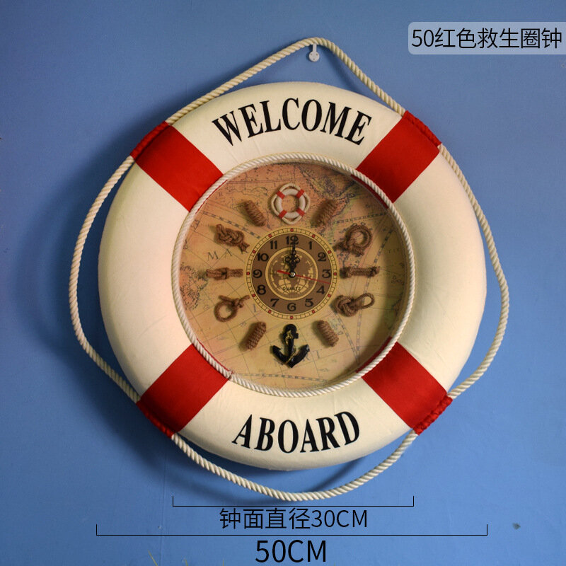 Средиземноморский стиль ретро старый корабль якорь настенные часы украшение стены кулон деревянный руль креативные бесшумные часы 50 см красный спасательный круг часы