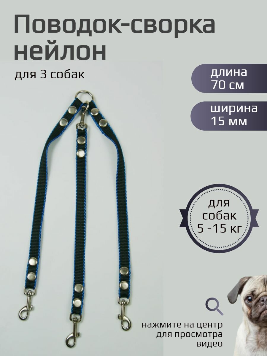 Сворка Хвостатыч для трёх собак нейлон 70 см х 15 мм (черно-синий)