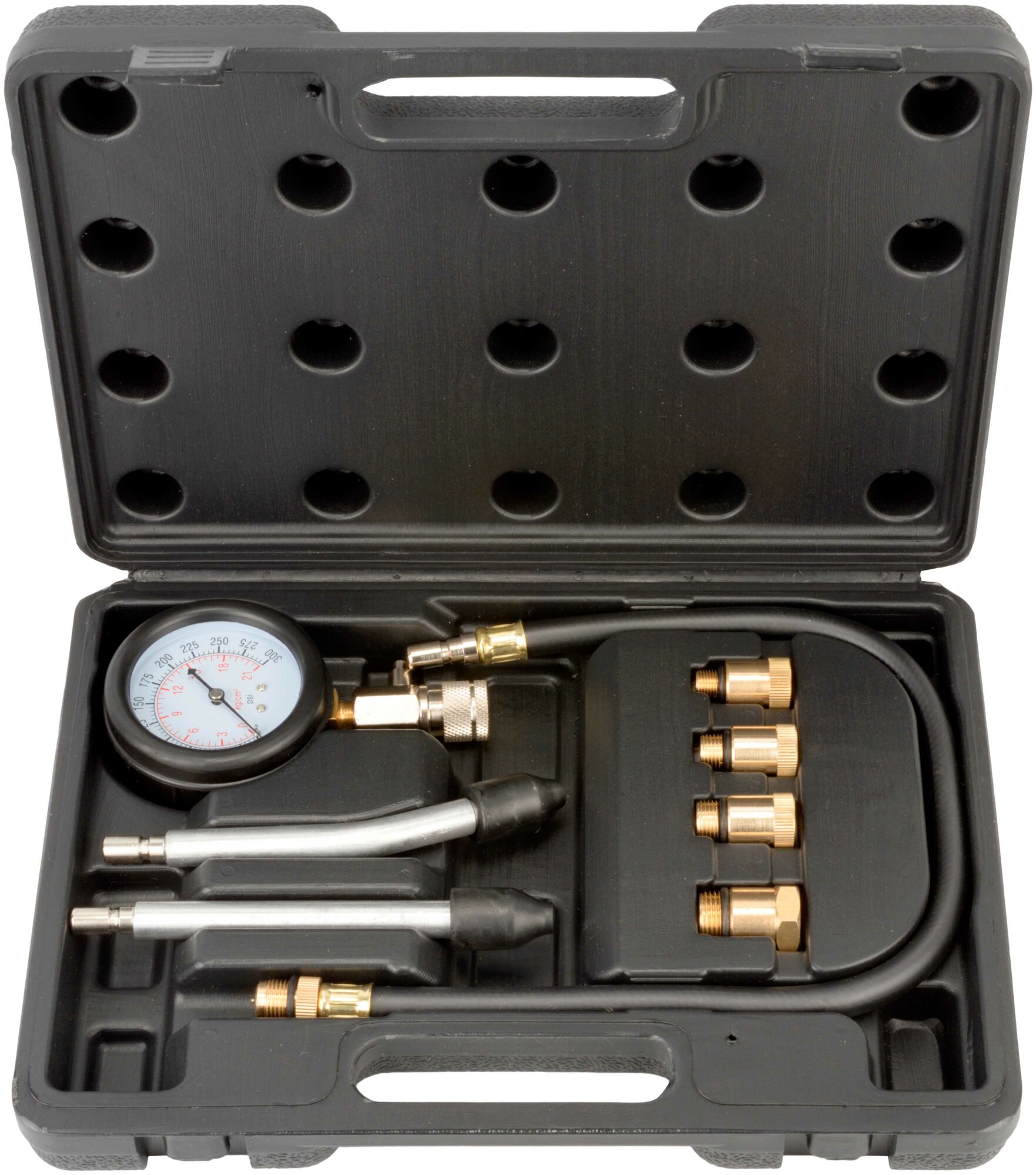 Компрессометр бензиновый 20кгс/см2-20 бар Шланг L400мм М14х1,25/Резьбовые адаптеры L30мм М10х1,0/М12х1,25/М14х1,25/М18х1,5 Прижимной Резьбовой/8предметов