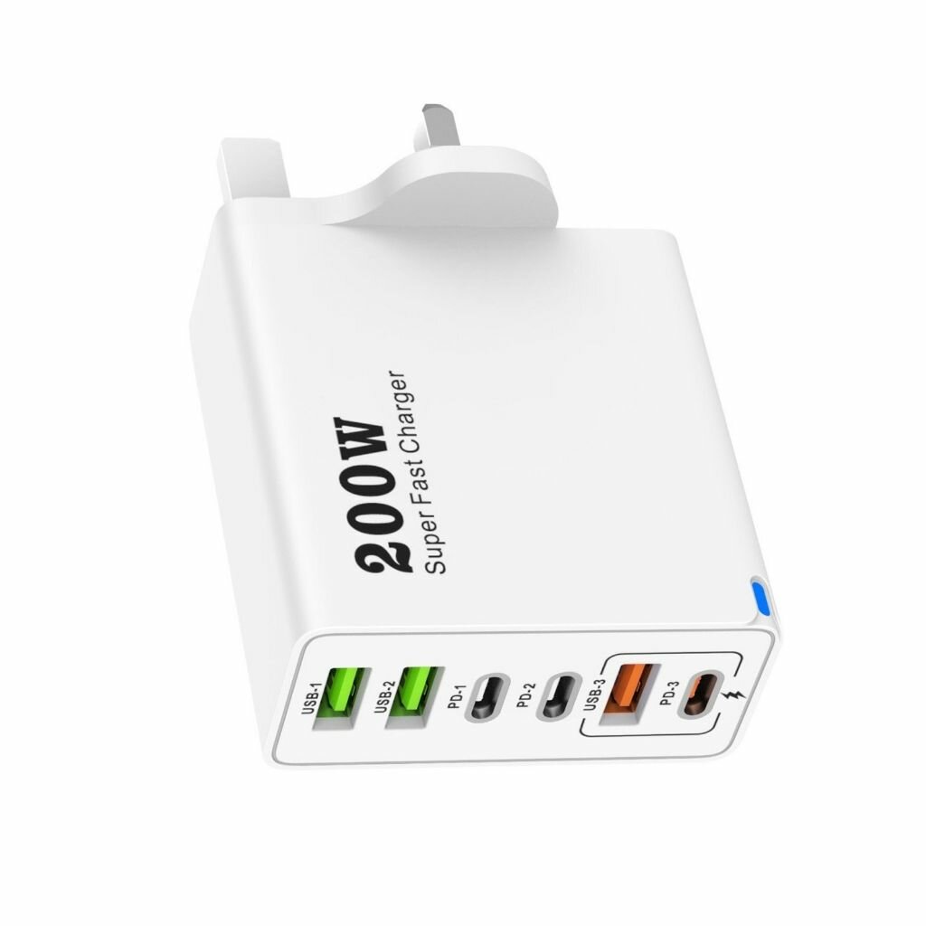 Многопортовое зарядное устройство мощностью 200 Вт 3USB + 3PD для мобильного телефона с быстрой зарядкой "шесть в одном"-британский стандарт-белый