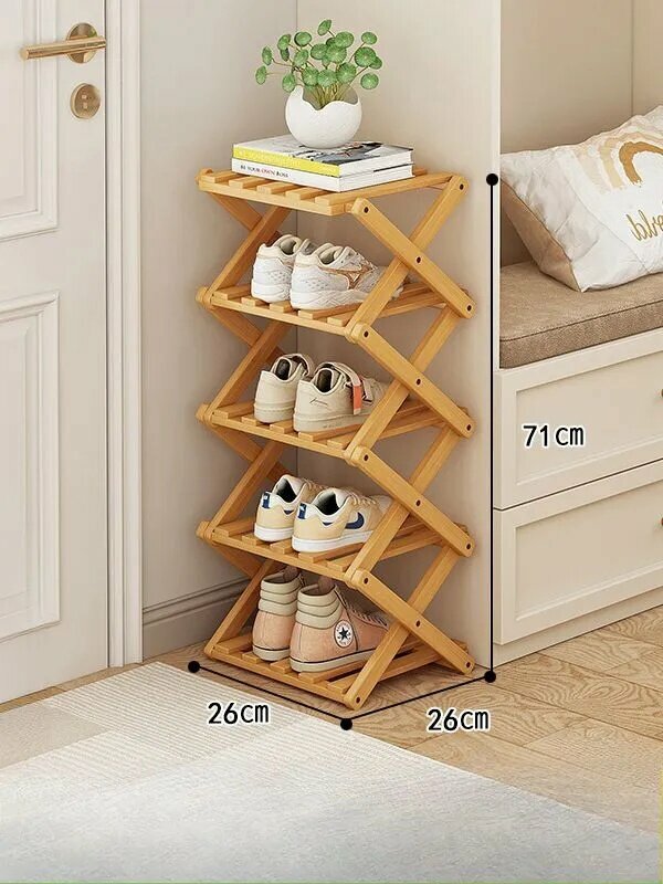 Обувница | бамбуковая, раскладная | открытая (без стенки) | 26x26x71 см | стиль минимализм | горчичный | для прихожей/дома | взрослые+дети