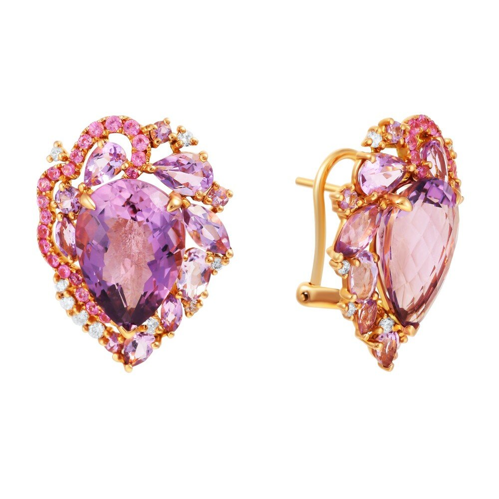 Серьги, красное золото, 585 проба, аметист, сапфир, бриллиант