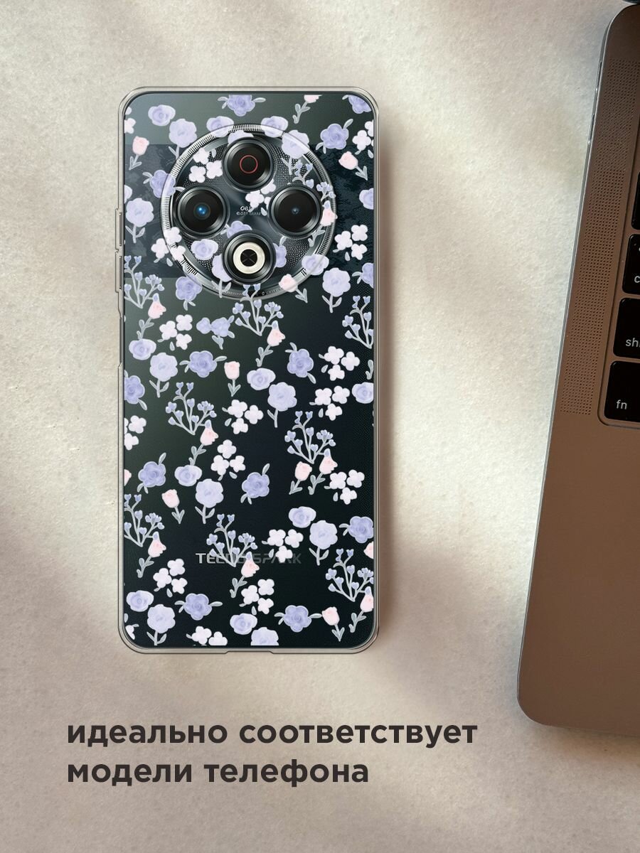 Чехол на Tecno Spark 30 / Текно Спарк 30 с принтом "Сиреневые розы паттерн", прозрачный — фото 1