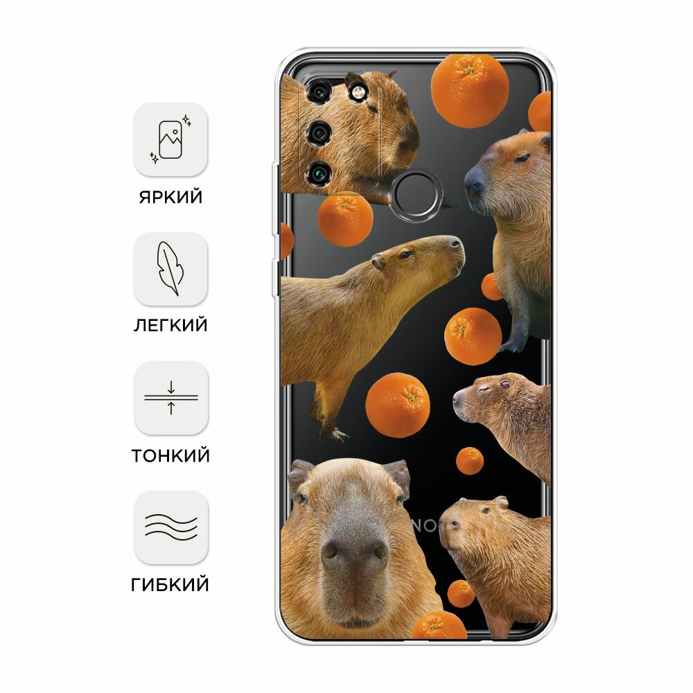 Чехол на Honor 9A / Хонор 9А с принтом "Капибара и апельсины", прозрачный — фото 1