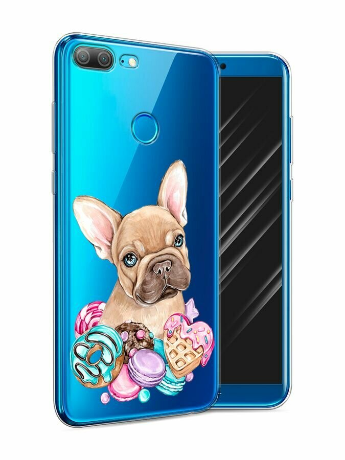 Чехол на Honor 9 Lite / Хонор 9 Лайт с принтом "Бульдог и сладости", прозрачный