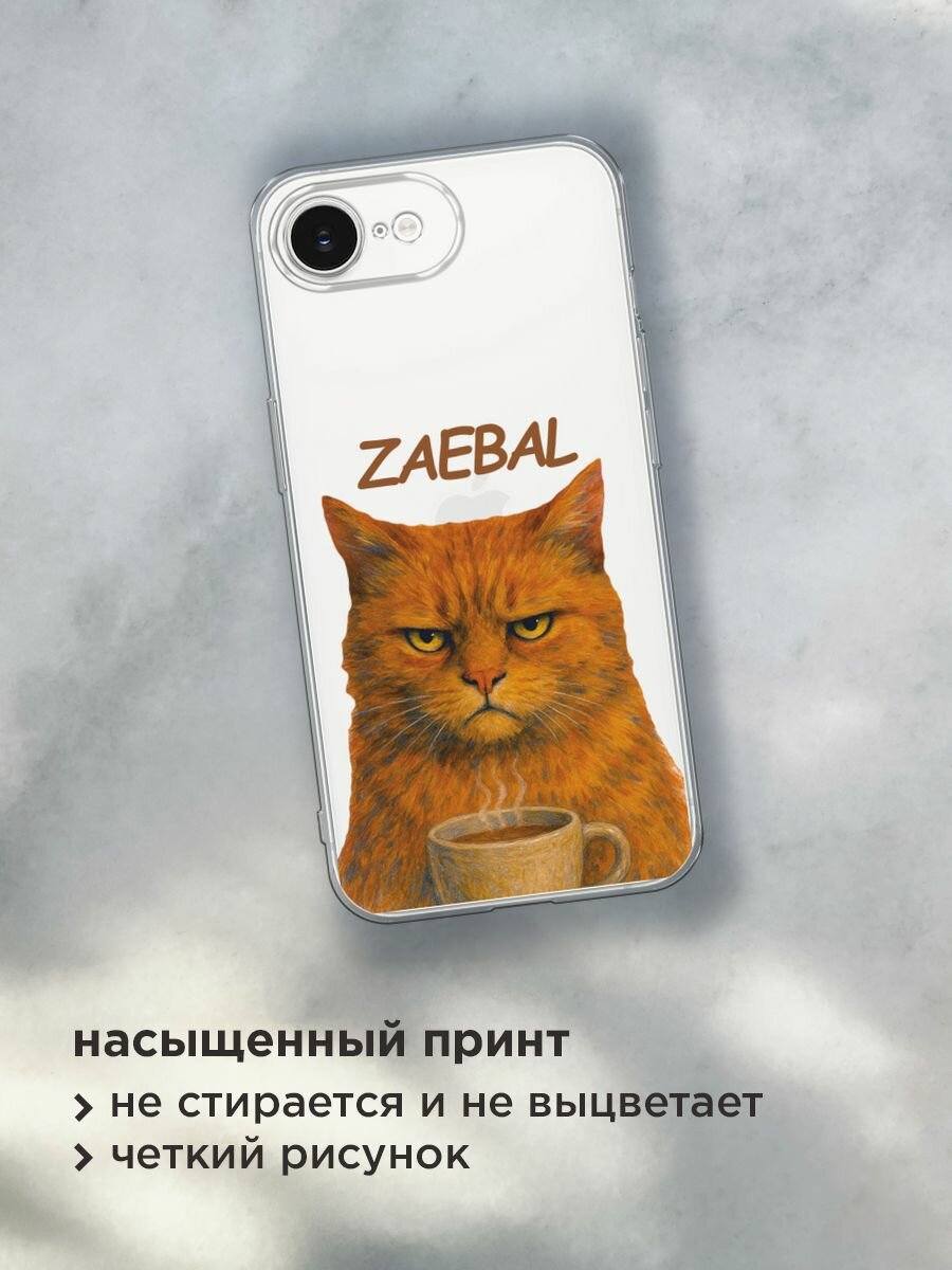 Чехол на Apple iPhone 16e/17e / Айфон 16е/17e с принтом "Рыжий кот с надписью", прозрачный — фото 1