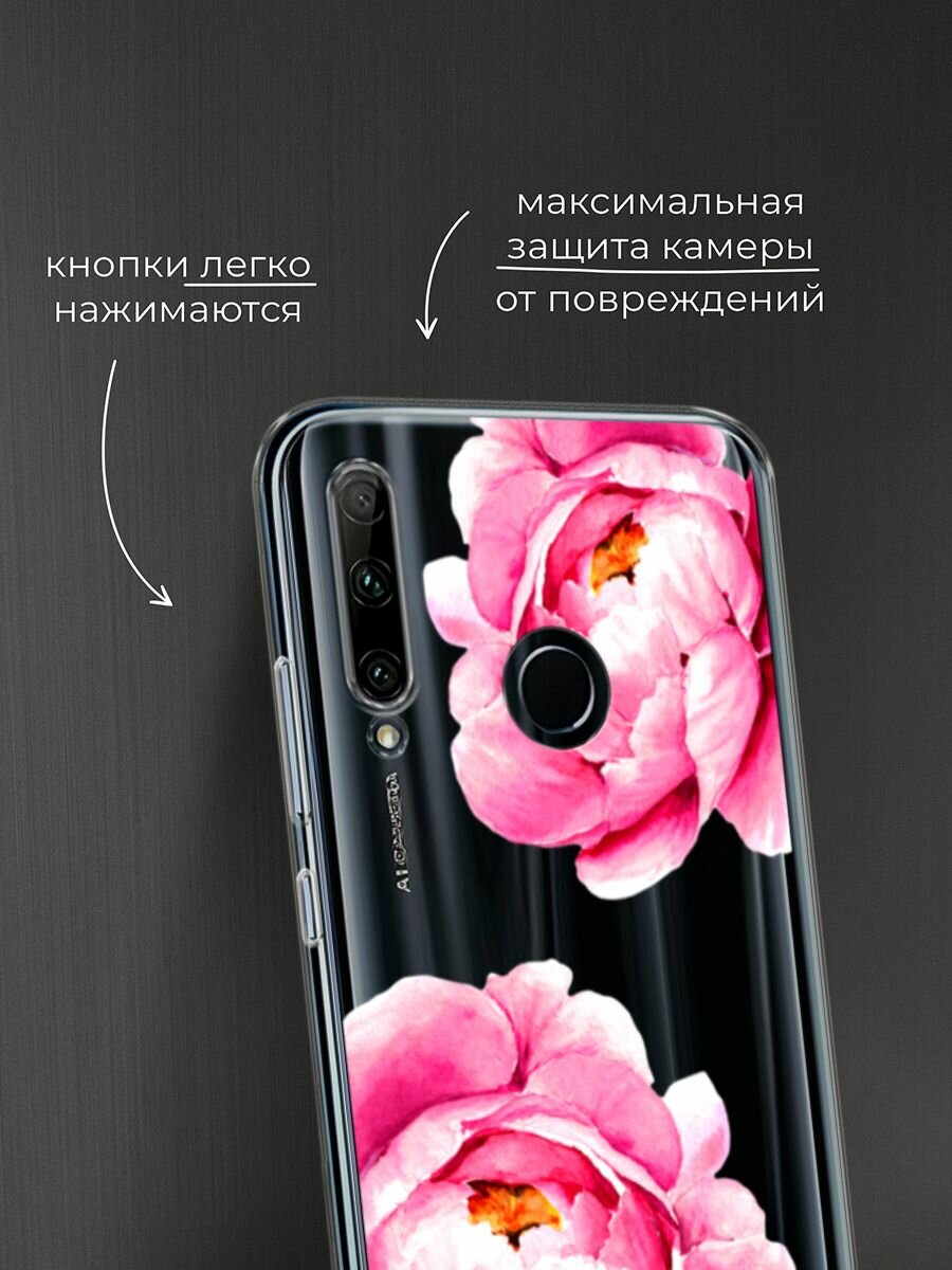 Чехол на Honor 10i/20 Lite 2019/20e/Huawei P Smart Plus 2019 / Хонор 10i с принтом "Open peonies", прозрачный — фото 1