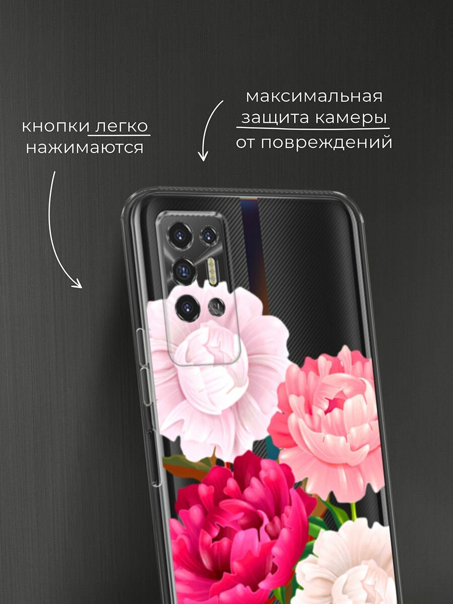 Чехол на Tecno Pova 2 / Текно Пова 2 с принтом "Большие пионы", прозрачный — фото 1