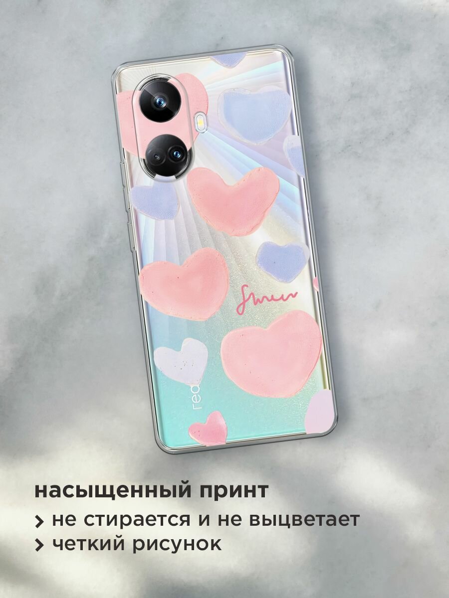 Чехол на Realme 10 Pro+ / Реалми 10 Про+ с принтом "Пастельные сердечки", прозрачный — фото 1
