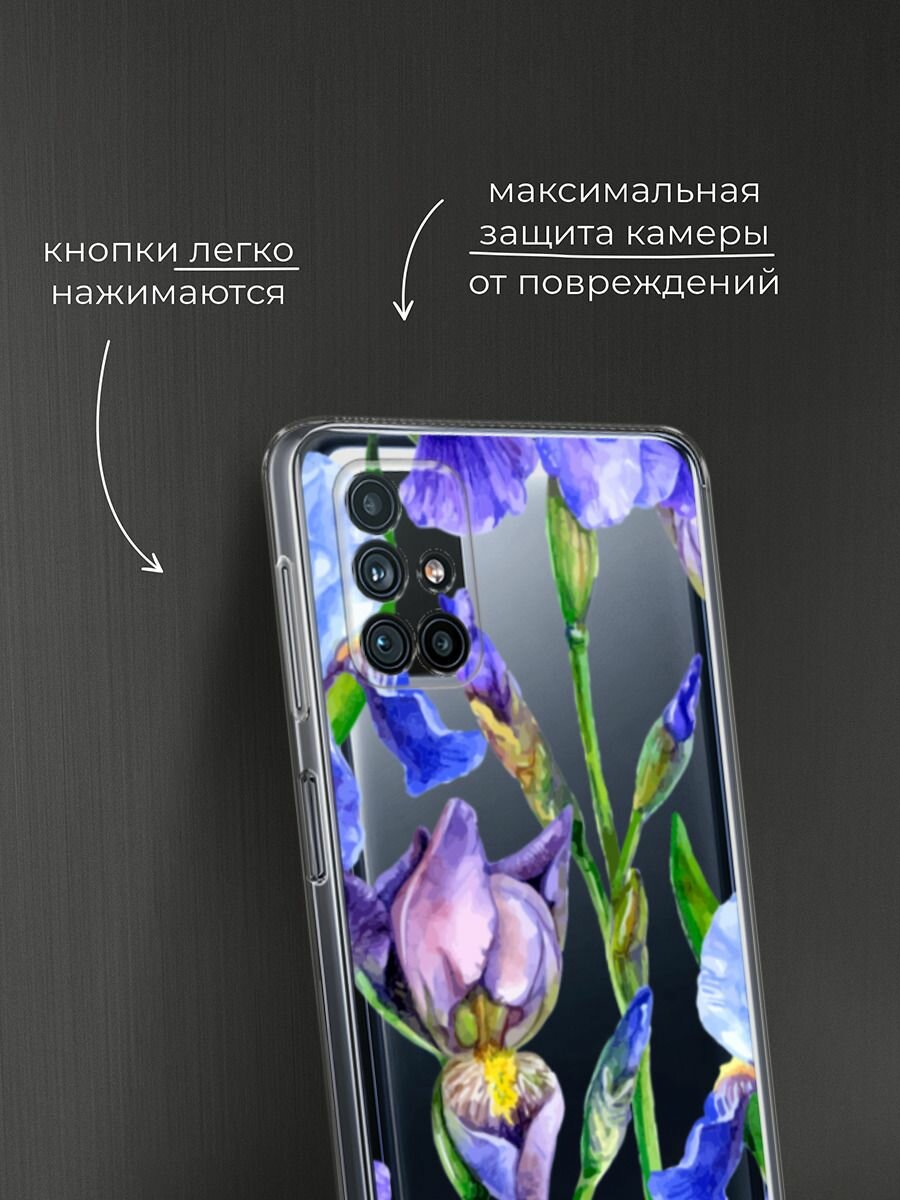 Чехол на Samsung Galaxy M31s / Самсунг Галакси M31s с принтом "Синие ирисы", прозрачный — фото 1