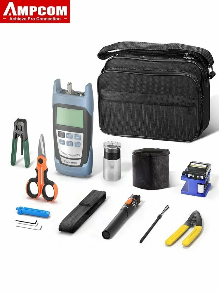 Набор инструментов AMPCOM для работы с оптоволокном и кабелями: резак FC-6S, ножницы для кевлара, визуальный определитель неисправностей и другие