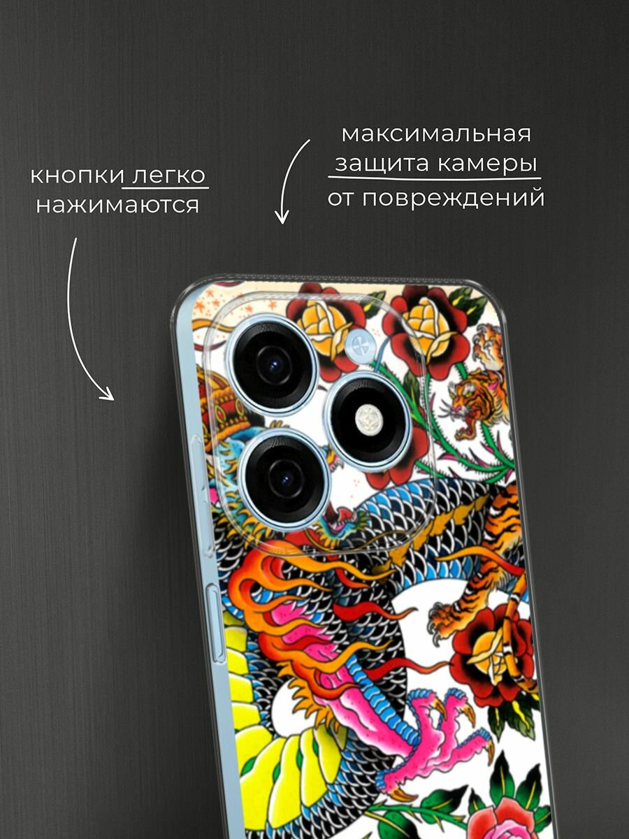 Чехол на Tecno Spark 20 / Текно Спарк 20 с принтом "Дракон в цветах" — фото 1