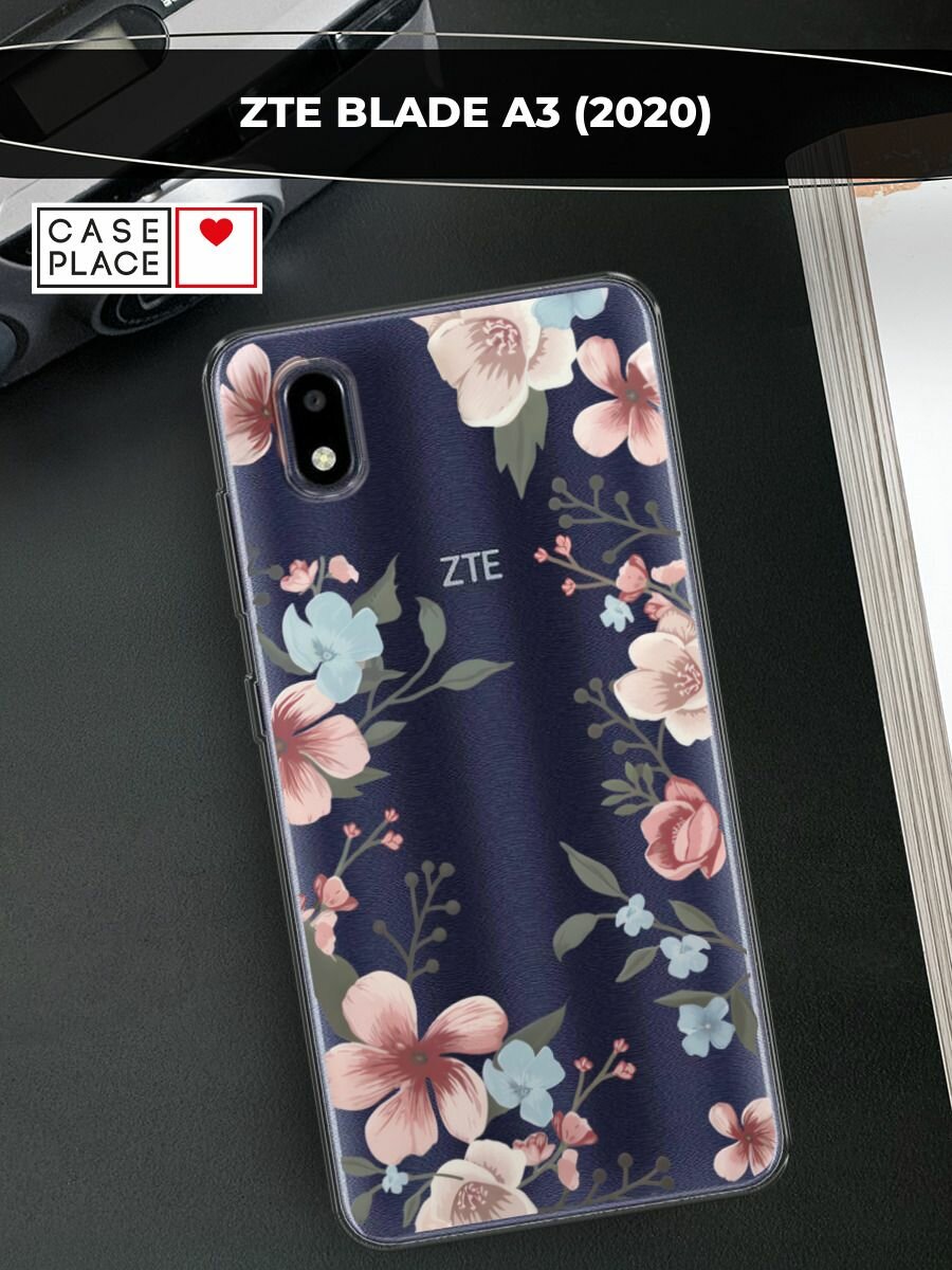 Чехол на ZTE Blade A3 (2020) / ЗТЕ Блейд А3 (2020) с принтом "Нежная рамка из цветов", прозрачный
