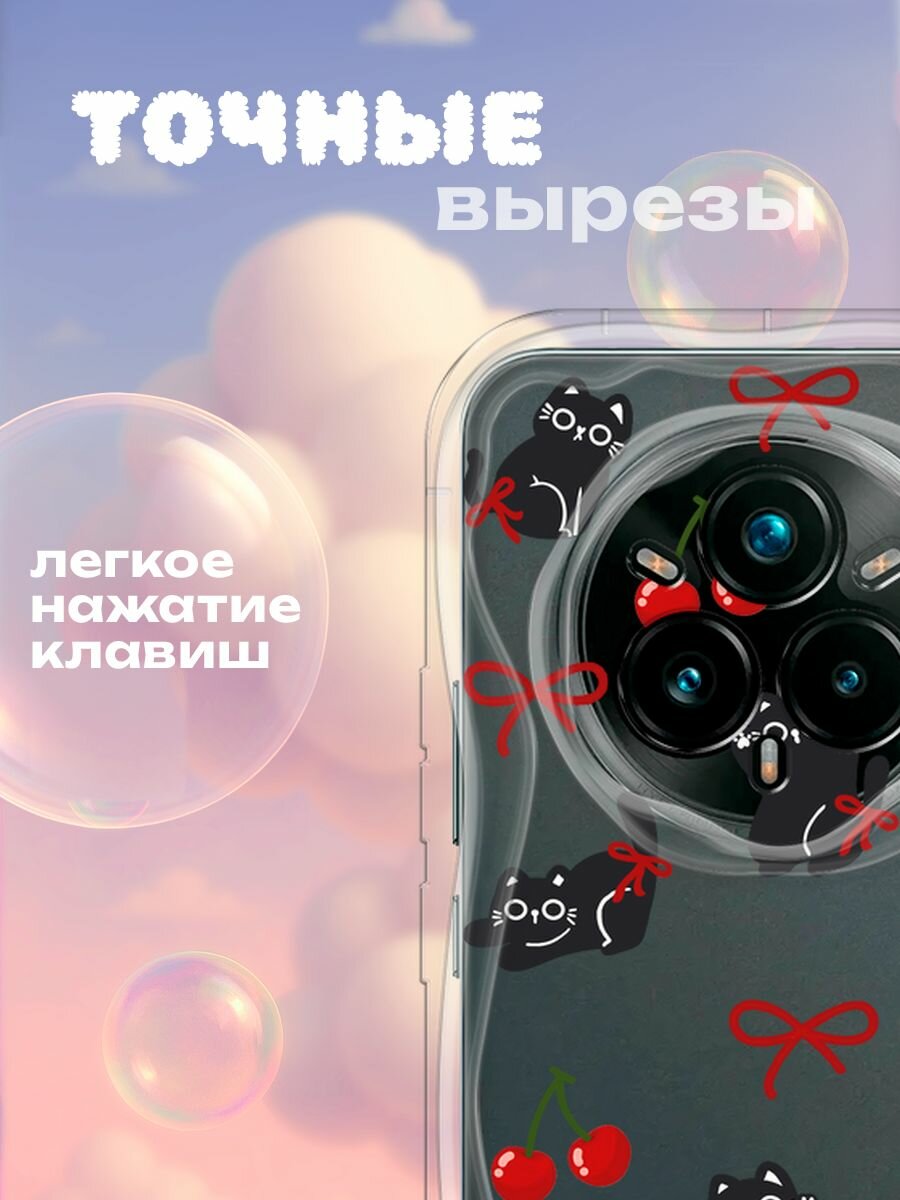 Чехол на Realme 14 Pro / Реалми 14 Про с принтом "Котик, вишня и бантики" — фото 1