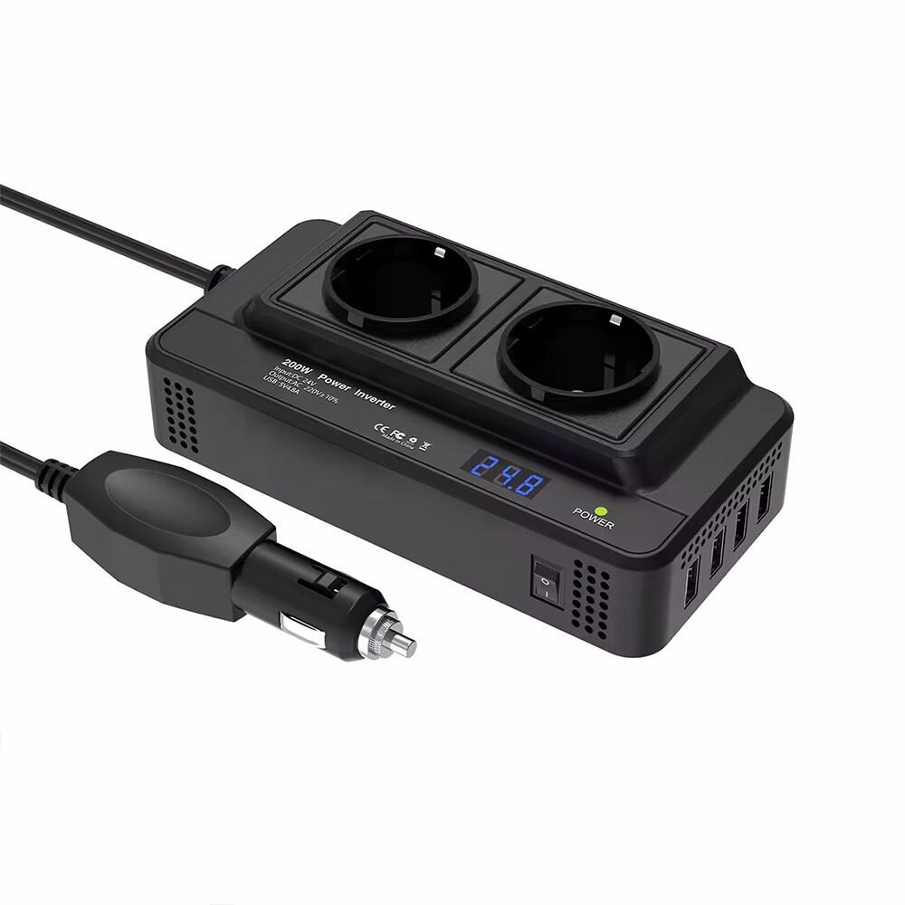 Инвертор автомобильный 200W DC 12V в AC 220V с 2 розетками AC 4 портами USB переключателем On/Off защитой переносным адаптером для авто черный пластик
