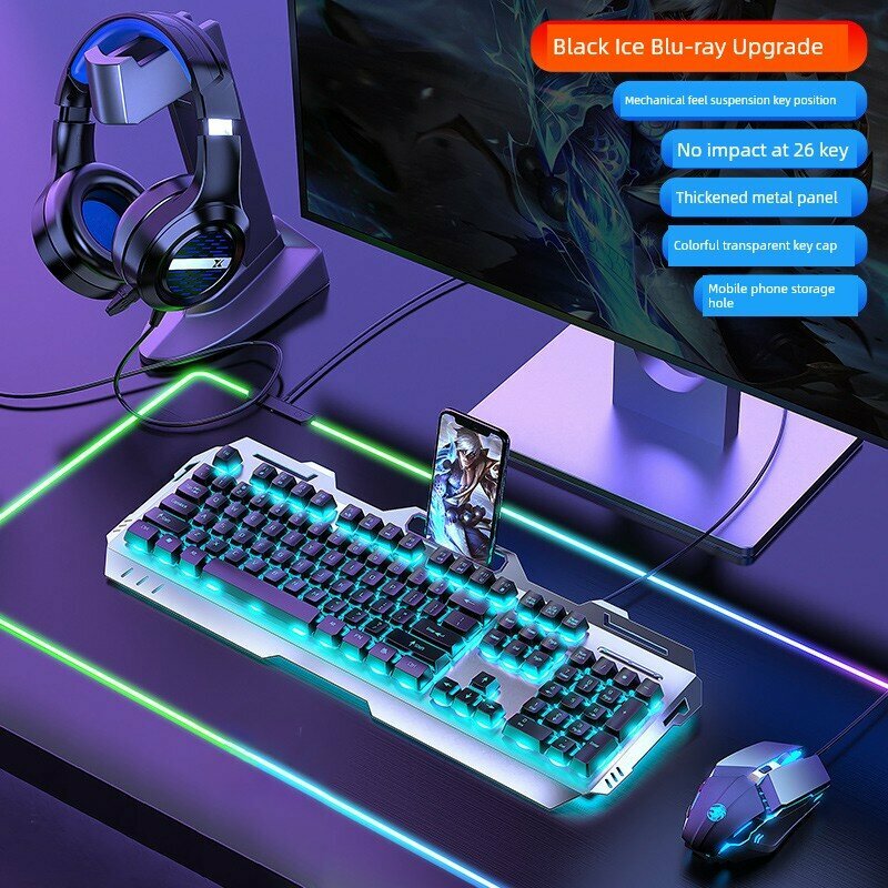 [25 New Models] Mechanical Feel Keyboard and Mouse Set, Wired Gaming Keyboard and Mouse for Laptops Ice Blue Black[Game