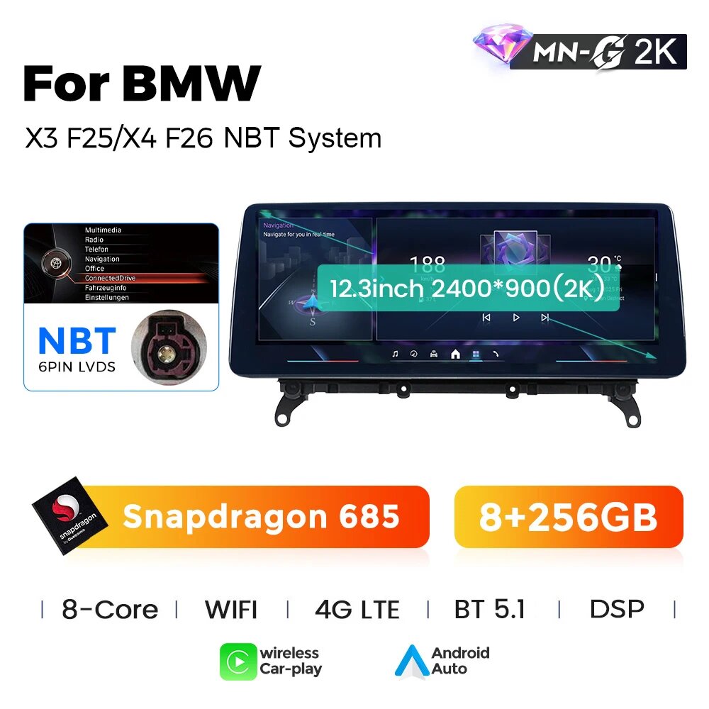 MEKEDE Android 14 Snapdragon 685 12,3 дюйма для BMW X3 F25, 8-ядерный интеллектуальный NBT 8 256 GB