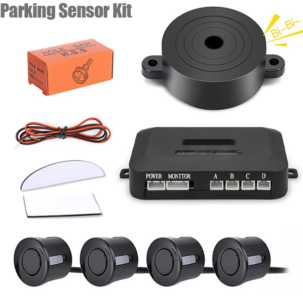 Комплект датчиков парковки 12 В, 4 датчика, 22 мм, зуммер, обратный резервный радар, монитор Black