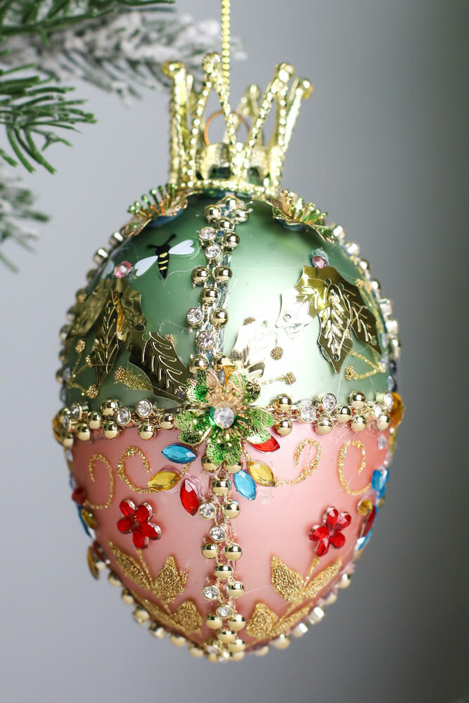 Коллекционное подвесное украшение-яйцо роял краун: листья, стекло, текстиль, бусы, стразы, блёстки, 13 см, EDG 6501162A999-2