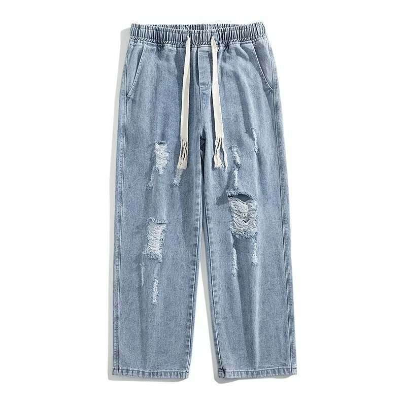 JYL Джинсы Мужские Рваные Летние Эластичные Талии Шнуровка Свободные Длинные Деним, Размер_2XL