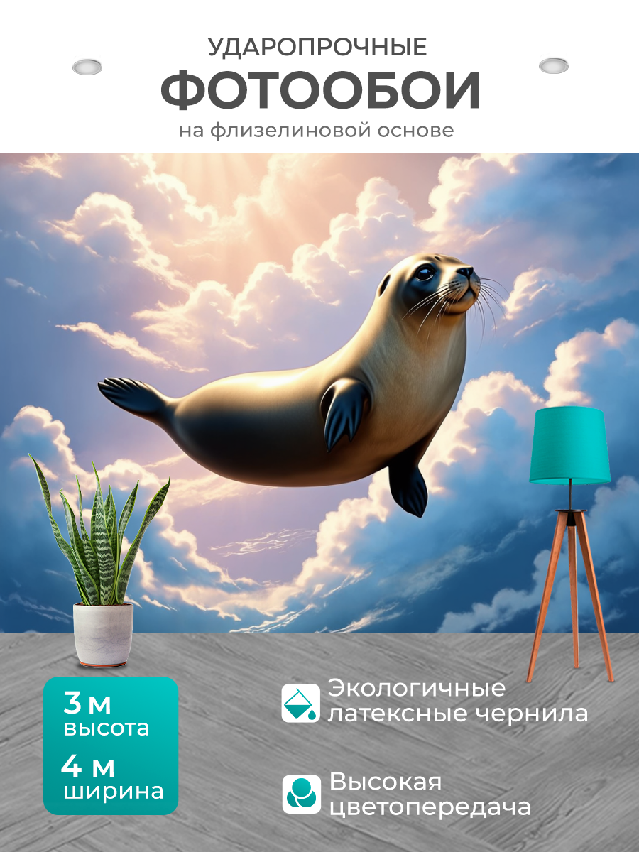 Фотообои моющиеся ударопрочные "Тюлень в облаках: фантастическое изображение тюленя, плавающего среди облаков, под мягкими лучами солнечного." 400x300 см. флизелиновые на стену