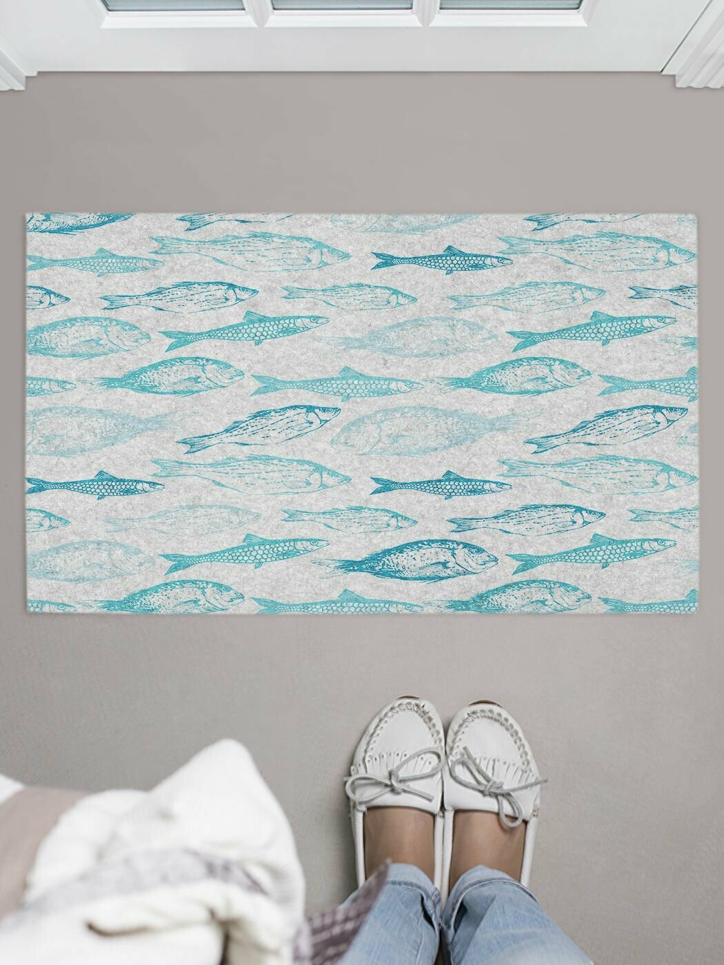Коврик придверный в прихожую с принтом "Перемещение рыб" 45 на 75 см , JoyArty