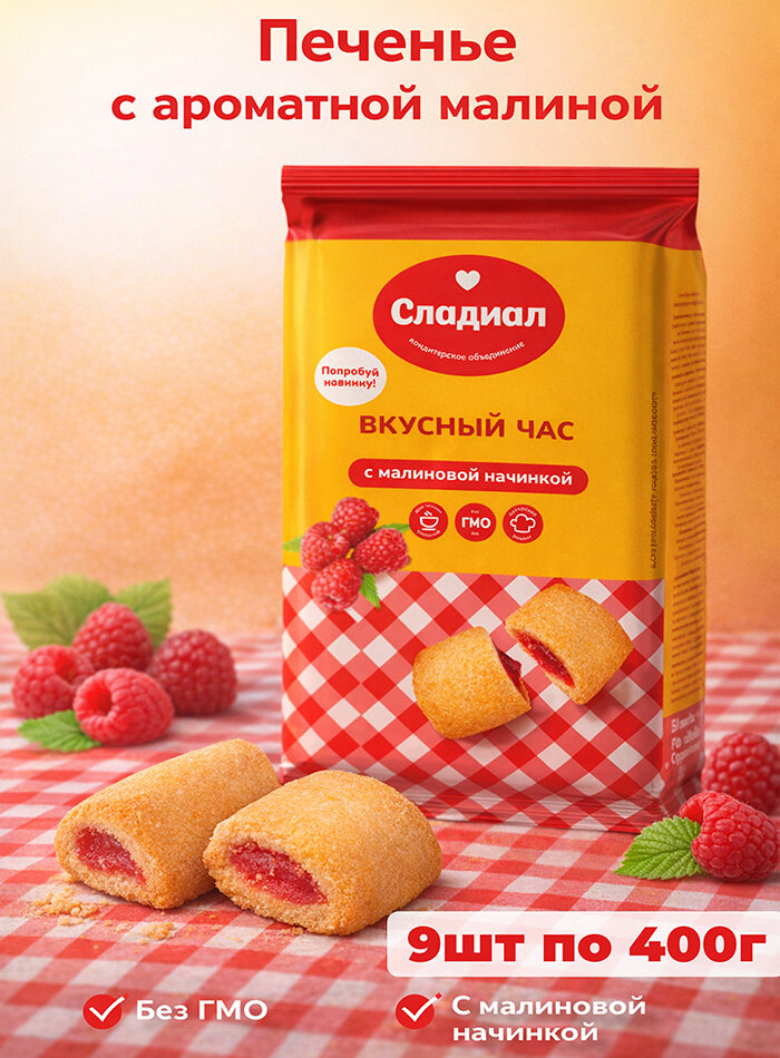 Печенье Вкусный час с ароматной малиновой 9шт по 400г