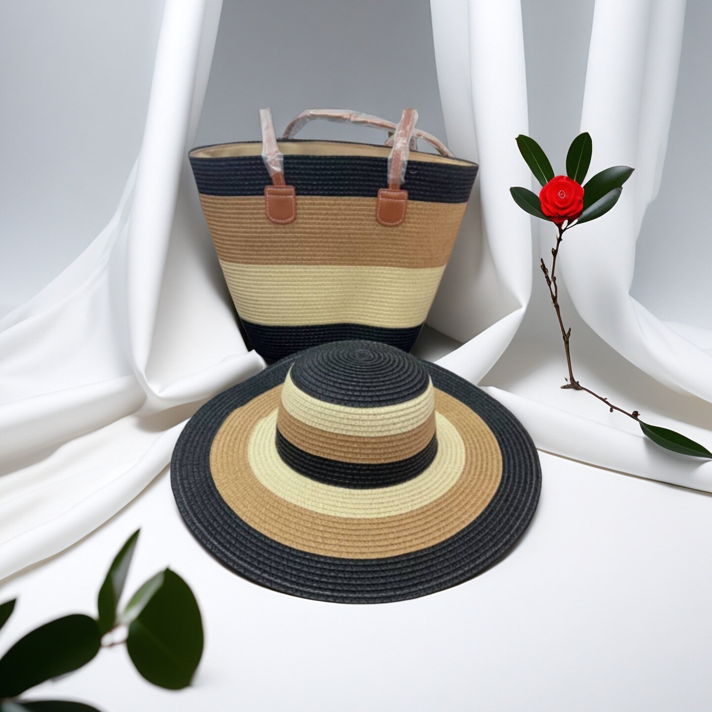 2026 Кросс-бордер Соломенная шляпа Соломенная сумка Двухкомпонентный набор Солнечная шляпа Большая вместимость Полосатая сумка через плечо Пляжная сумка Фабричный магазин