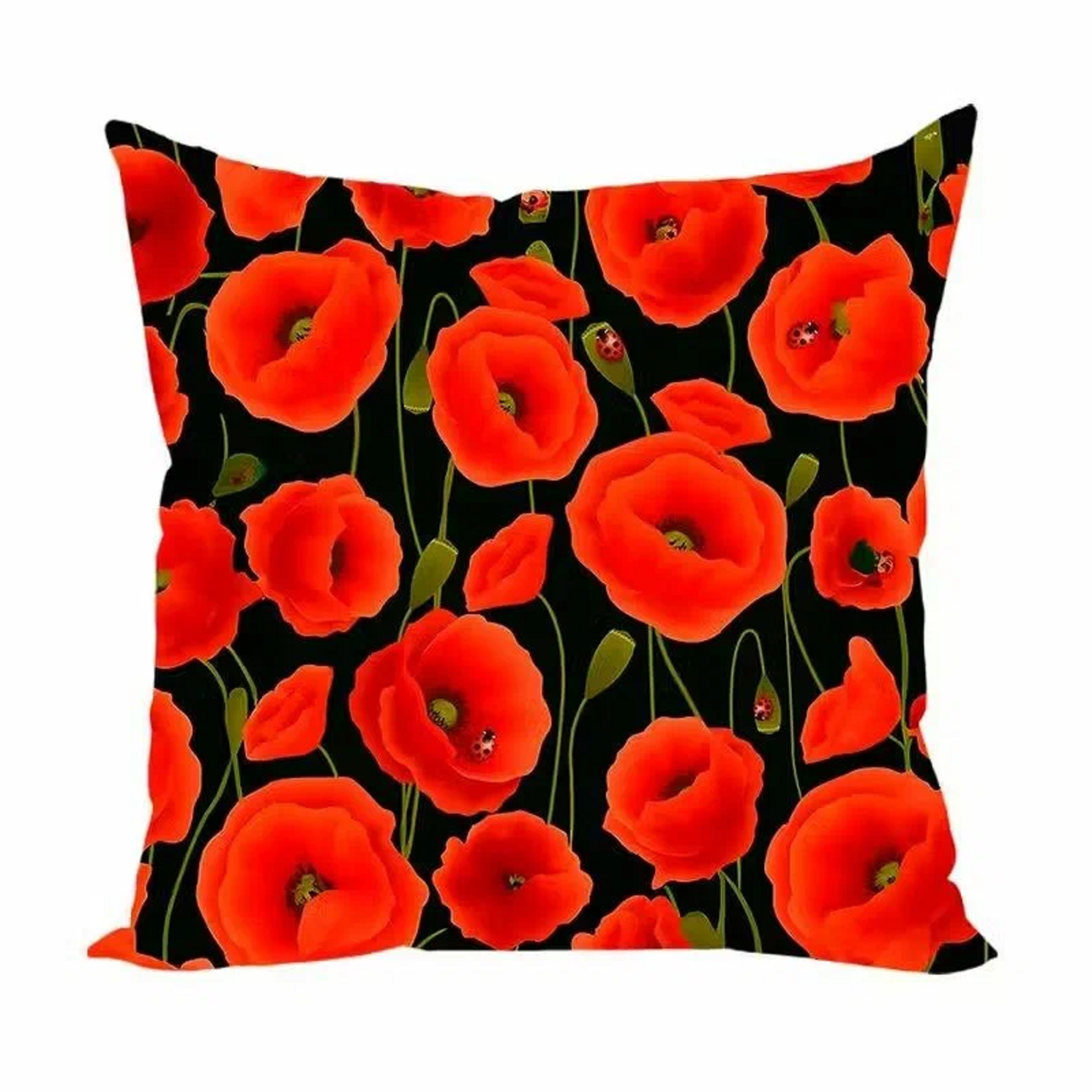 Чехол для подушки Маки на черном 40х40 велюр