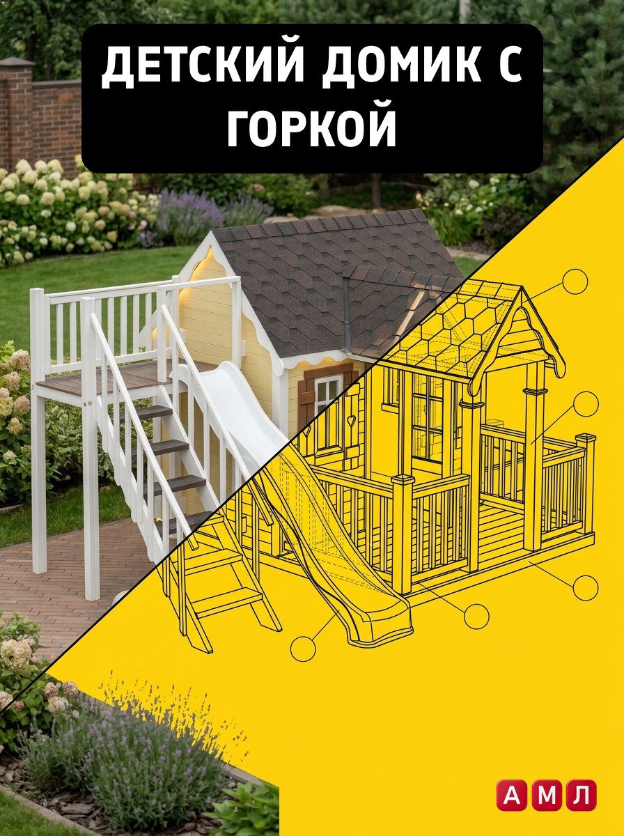 Проект чертеж Детский домик с горкой своими руками - скачать и распечатать чертежи с размерами, пошаговая и поэтапная схема сборки