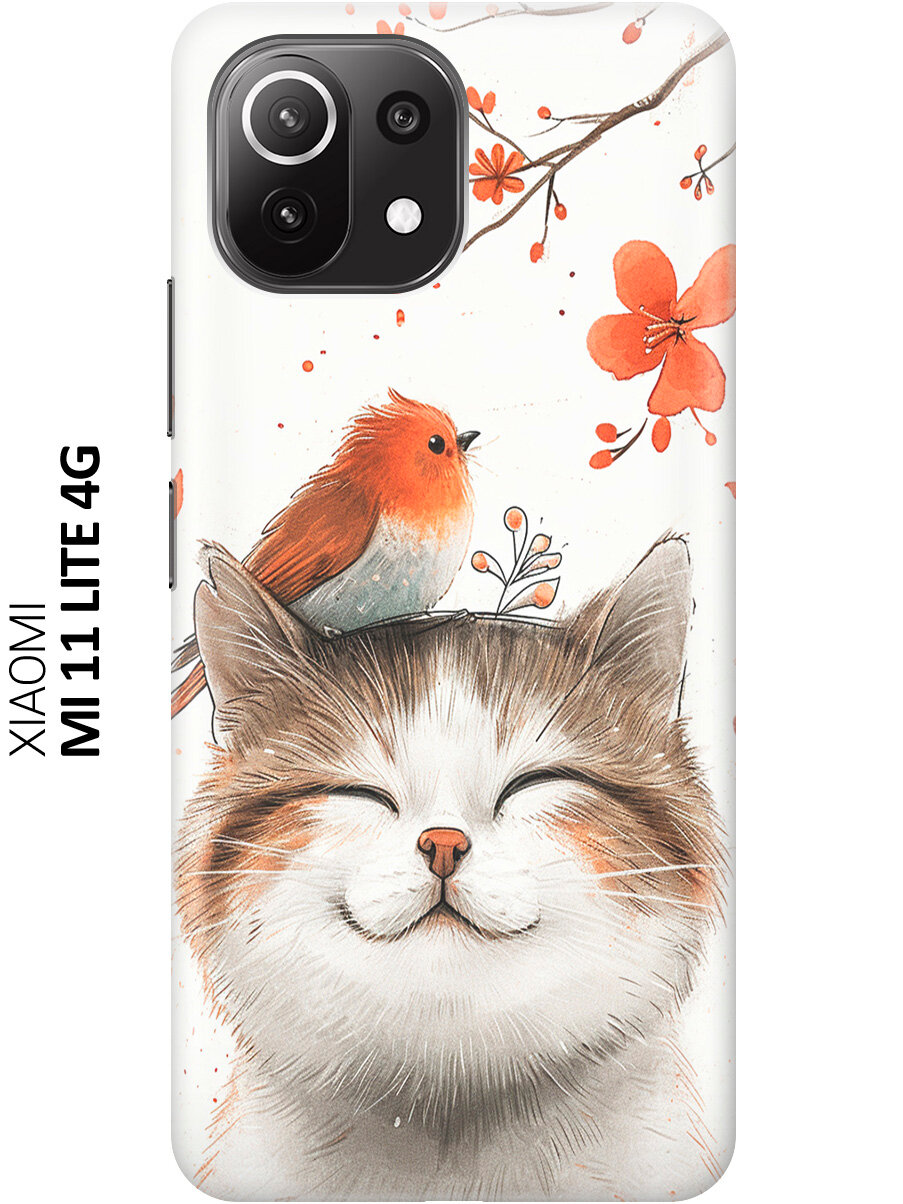 Силиконовый чехол на Xiaomi Mi 11 Lite / 11 Lite 5G с принтом "Довольный котик и птичка"