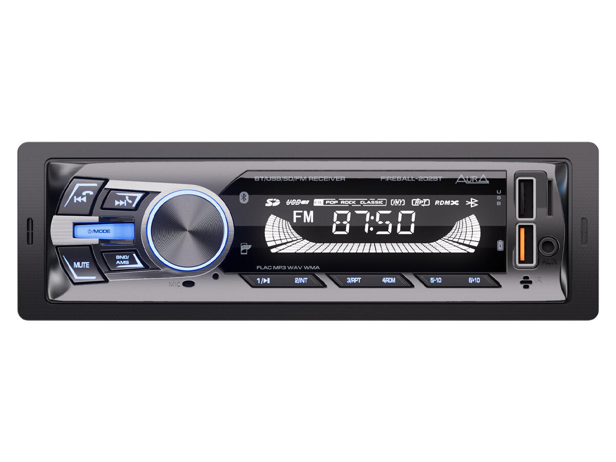 Магнитола автомобильная Aura FIREBALL-202BT USB/SD/MMC-ресивер, синяя подсветка