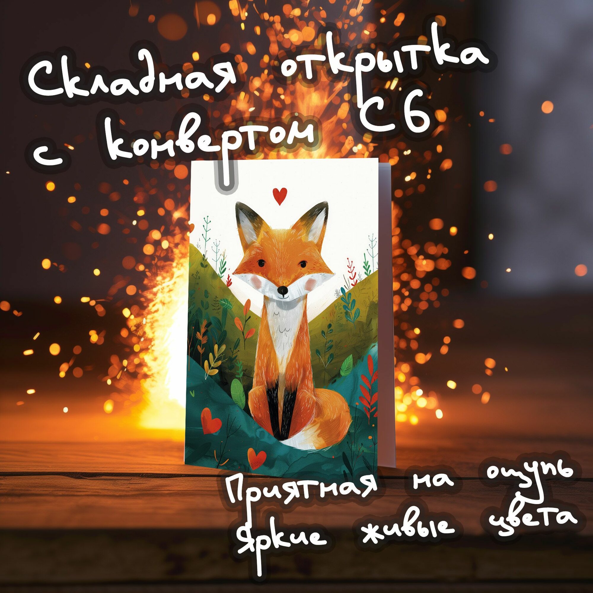 Лис, яркая открытка с конвертом, дизайнерская бумага, 10x15 см, складная подарочная без надписей, для дня рождения