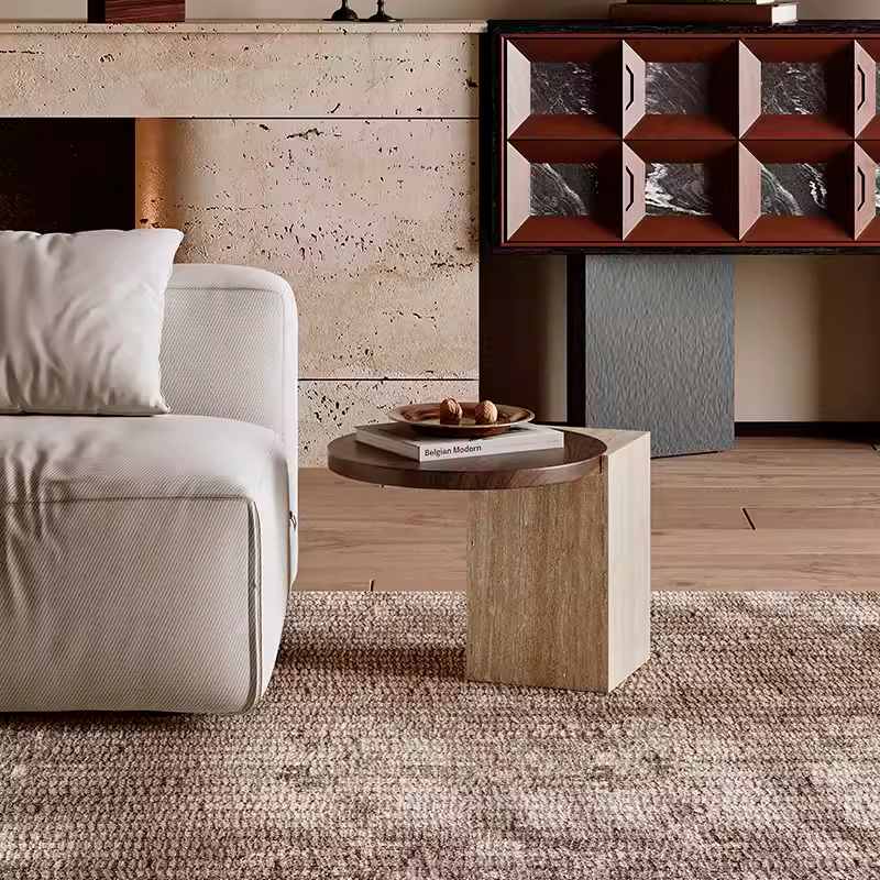 Кофейный столик из дерева и камня в японском стиле Wabi-Sabi (дуб, диаметр 50 см)