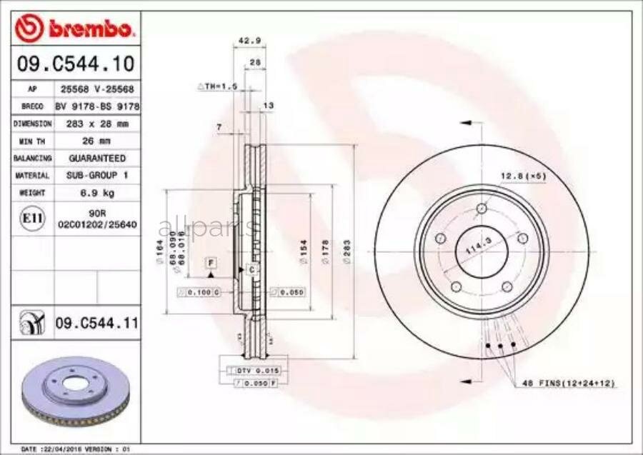 BREMBO 09. C544.11 Диск тормозной перед NISSAN LEAF, NV200 10-