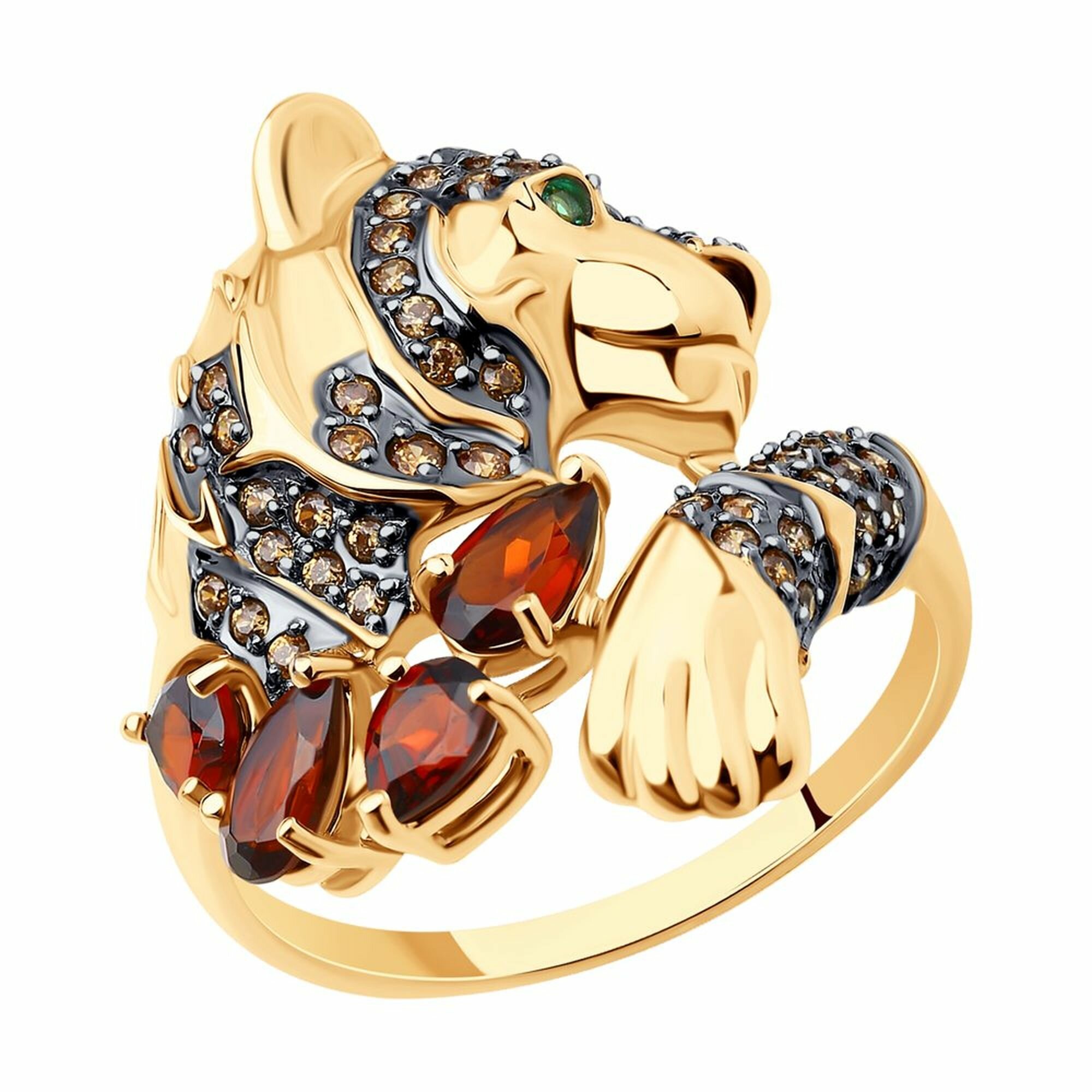 Кольцо, красное золото, 585 проба, фианит, гранат