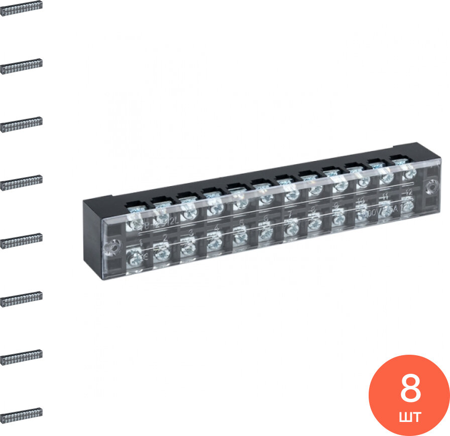 Блок зажимов EKF / ЕКФ PROxima TB-2512 колодка клеммная в корпусе из термопласта черная, сечение 2.5мм2, 25А, 660В, 12 пар контактов / электрика (комплект из 8 шт)