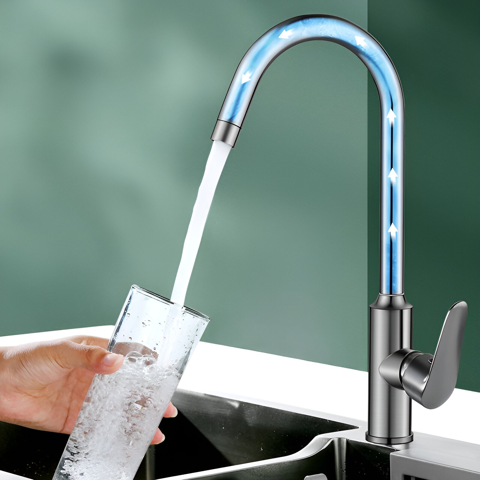 Смеситель кухонный "1250", нержавеющая сталь, поворотный излив, горизонтальный монтаж, хром