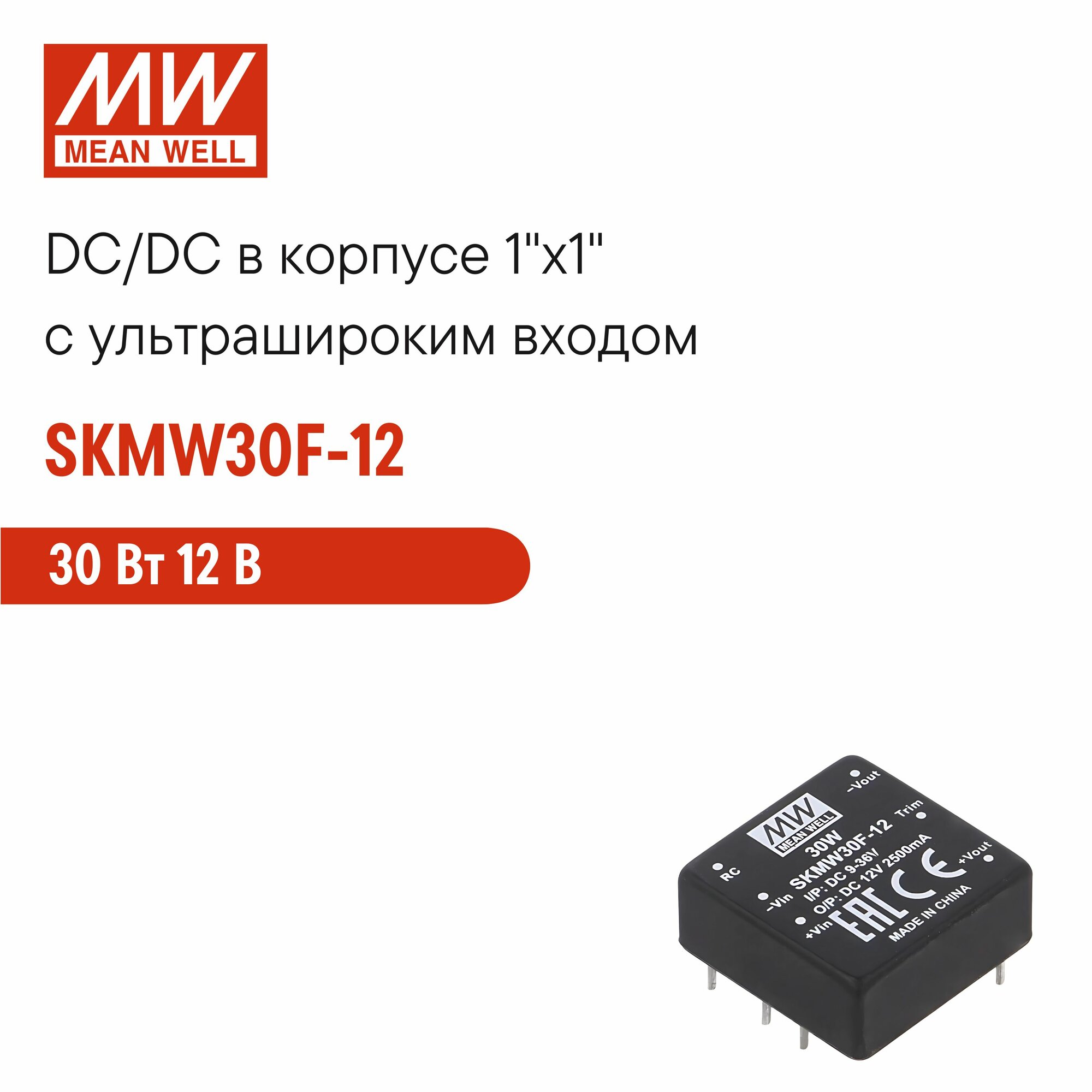 SKMW30F-12 MEAN WELL, DC/DC-преобразователь на печатную плату в корпусе 1"x1", изолированный, с ультрашироким входом 30 Вт 12 В