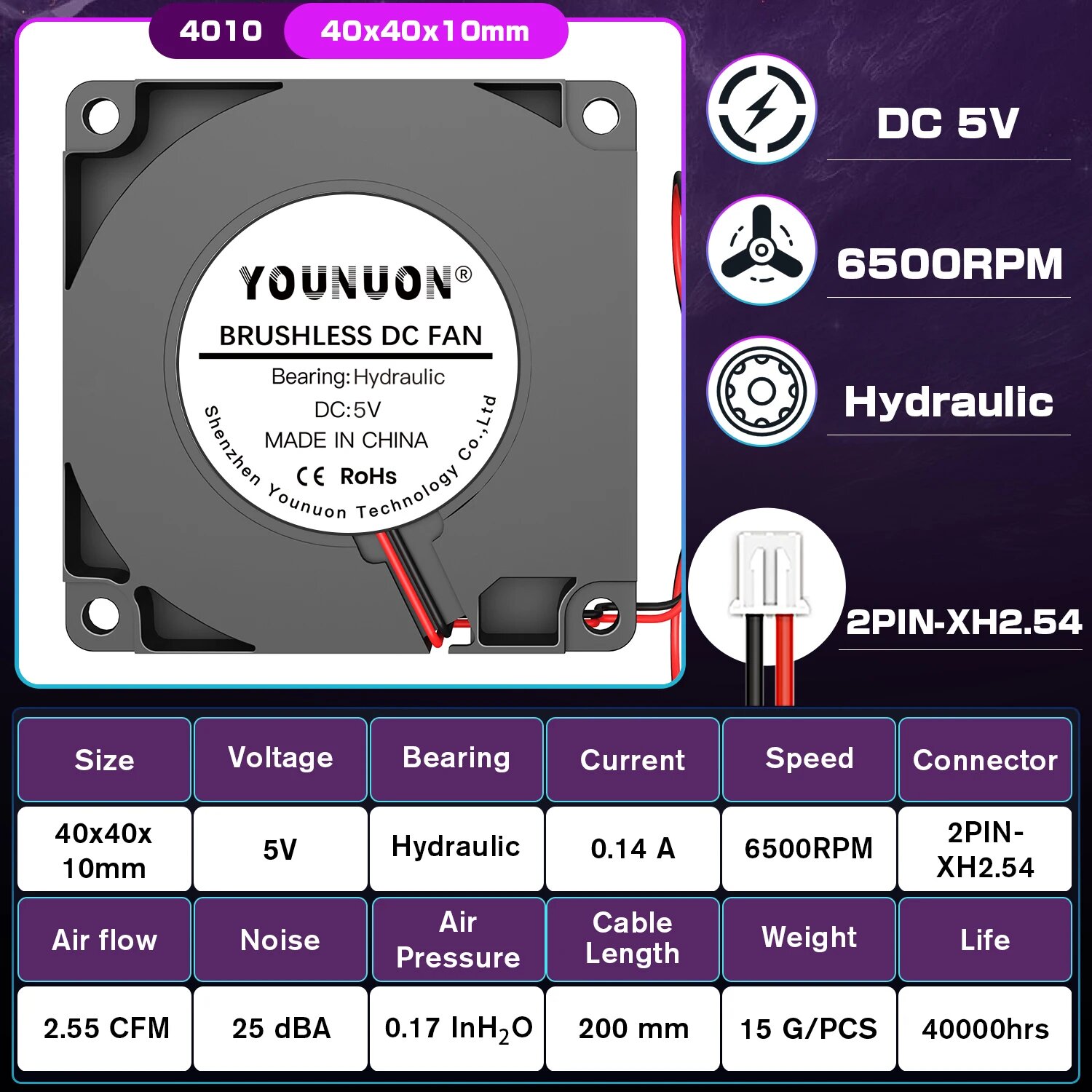 YOUNUON 4010 5V Hydraulic 6500RPM 2PIN вентилятор