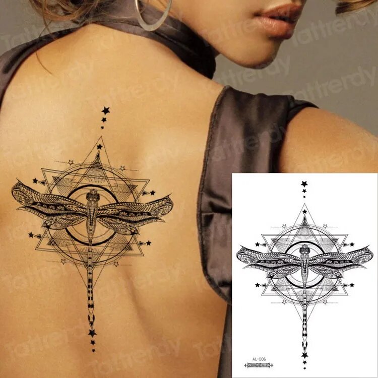 Временная татуировка Tattrendy, стрекоза, геометрия, AL06