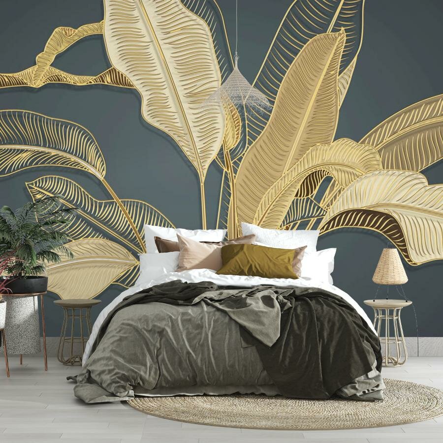 Фотообои Золотые перья на темном фоне 9-1195-M-Холст 270 x 300 см (ВхШ) Бесшовные, флизелиновые, влагостойкие обои MasterFresok