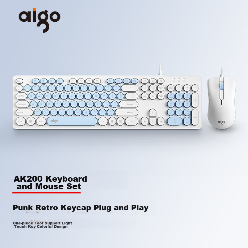 Aigo AK200 Sky Blue Wired Keyboard And Mouse Set, Retro Round Keycaps, Plug-And USB, Business Office, Compatible with Laptops And Desktops