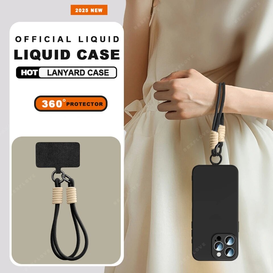 Жидкий силиконовый чехол для телефона со шнурком для iPhone 16E 16 14 15 Plus 12 13 Mini 11 16 Pro X XR XS Max SE, защитный ремешок, мягкий чехол Black with Strap, For iPhone 13Mini