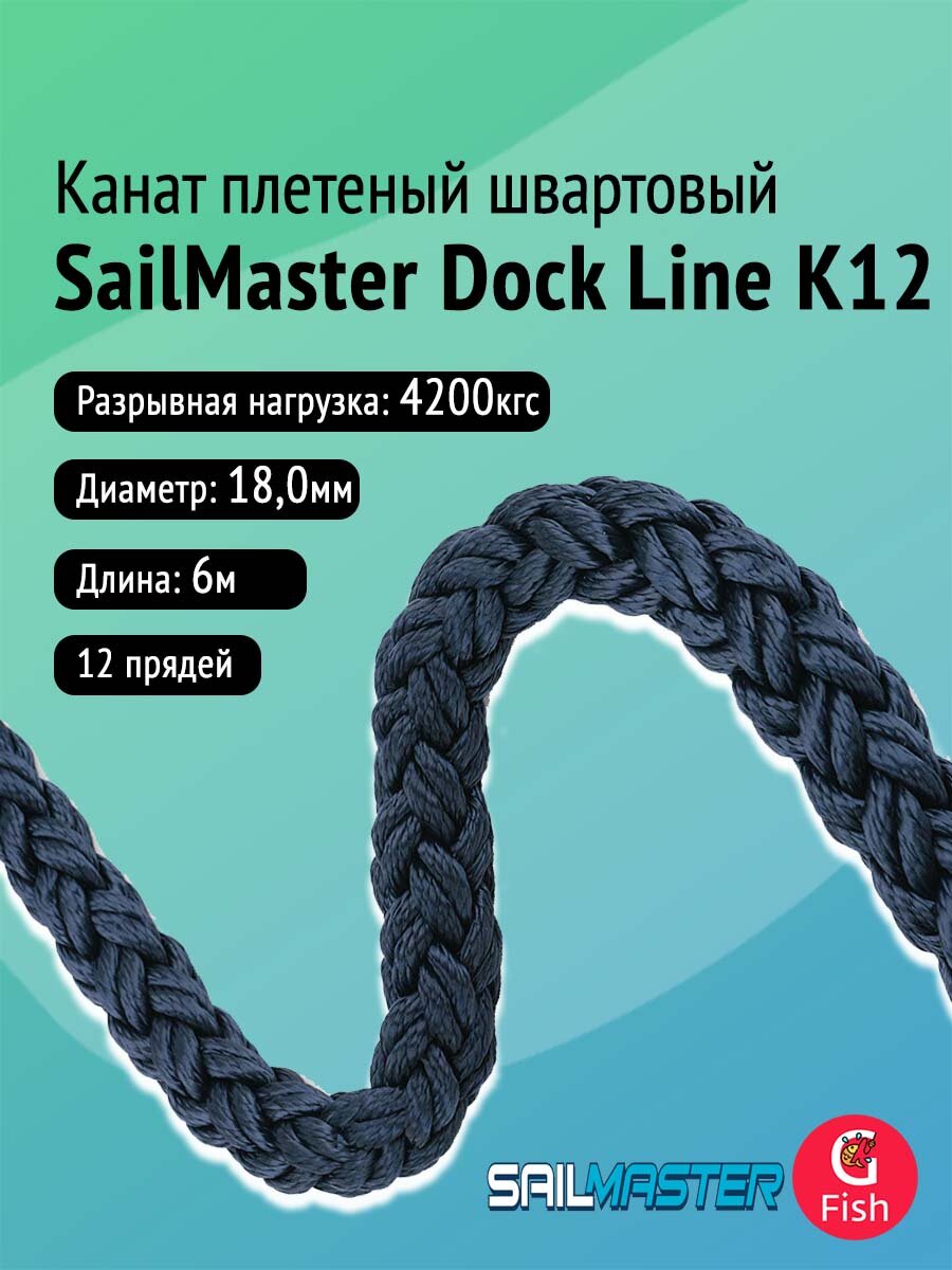 Канат плетеный швартовый SailMaster 12-и прядный Dock Line К12, 18,0 мм, Navy Blue, 4200 кгс, 6 м, пакет
