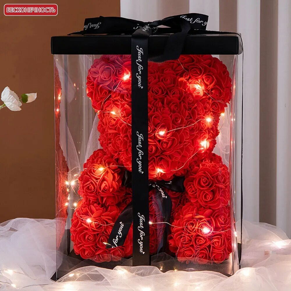 Мишка из роз 40 см с лентой. Подарочный набор для женщин, новогодние подарки, Для Дня святого Валентина, Дня матери, юбилеев, дней рождения и помолвок